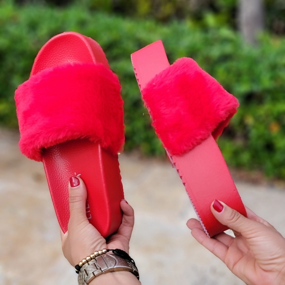 Shoes | Womens Red Furry Platform Wedge Slippers Sandal | Poshmark